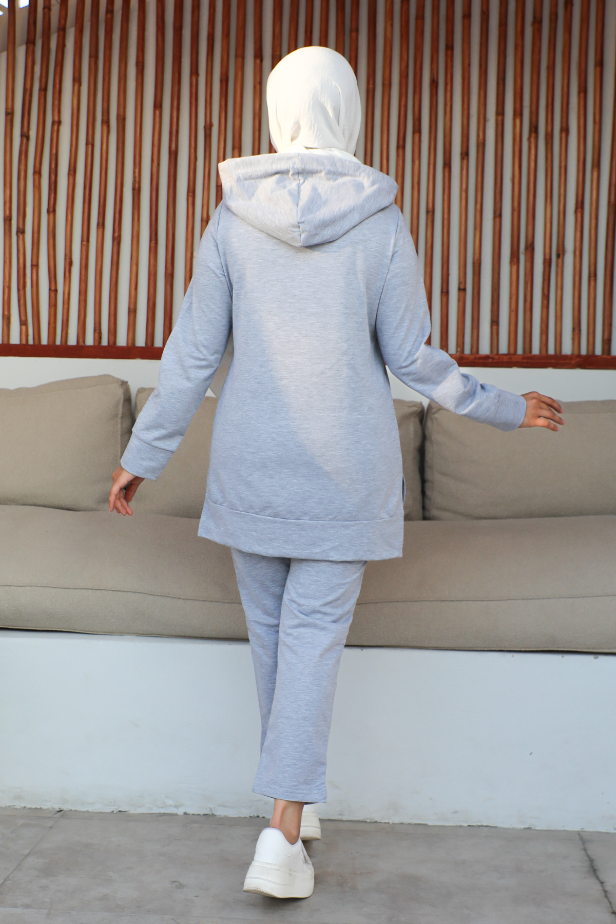 Taş Detaylı Kapşonlu İkili Kombin-3108 Gri - Modaebva