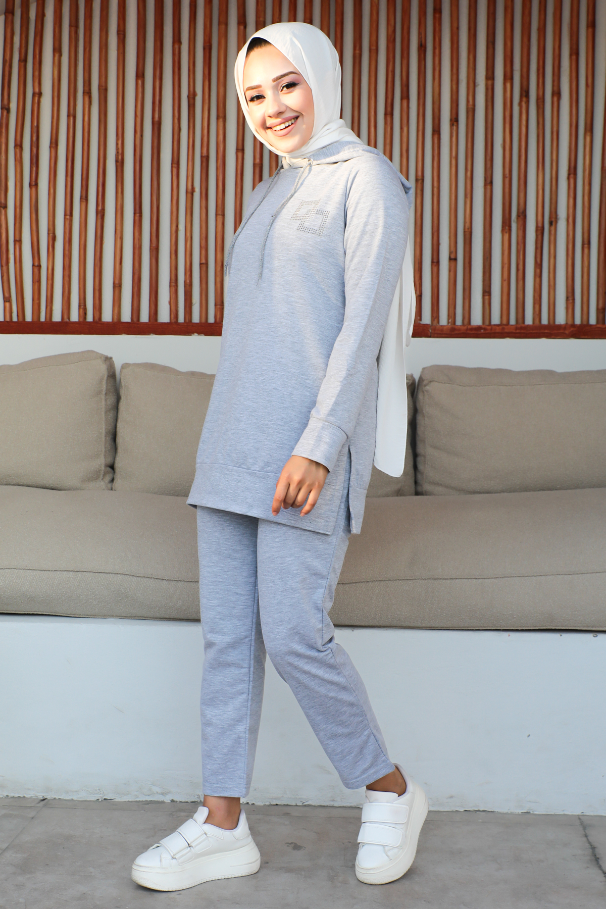 Taş Detaylı Kapşonlu İkili Kombin-3108 Gri - Modaebva